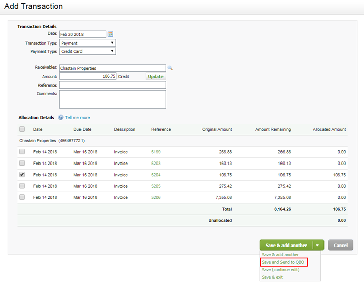 Send payments to QuickBooks Online