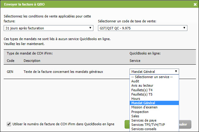 Envoyer les factures à QuickBooks en ligne